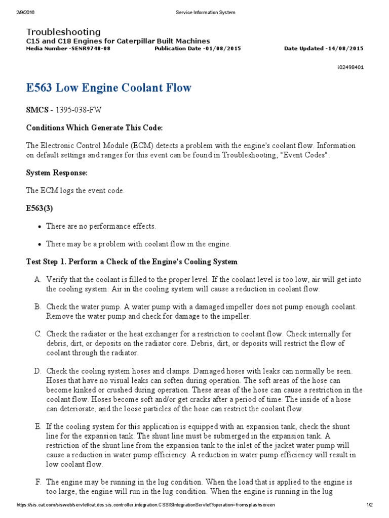 E563 Low Engine Coolant Flow: C15 and C18 Engines For Caterpillar Built ...