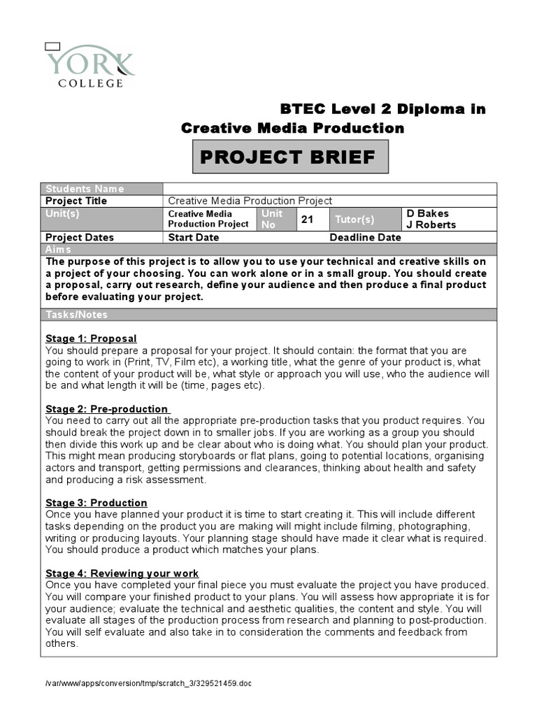 Creative Media Production Project Brief | PDF