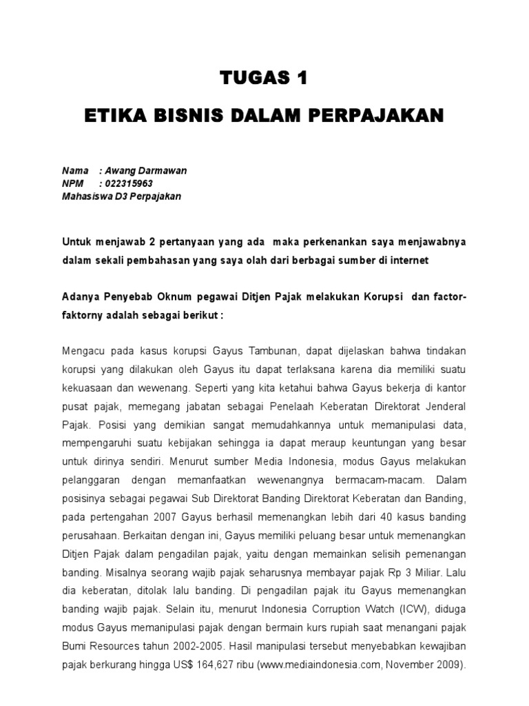 TUGAS 1 Etika Bisnis Dalam Pajak, Awang Darmawan NPM 022315963 | PDF ...