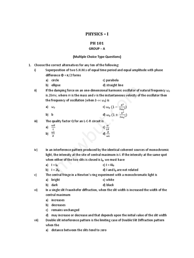 Physics - I: Group - A (Multiple Choice Type Questions) | PDF | Diffraction | Coherence (Physics)