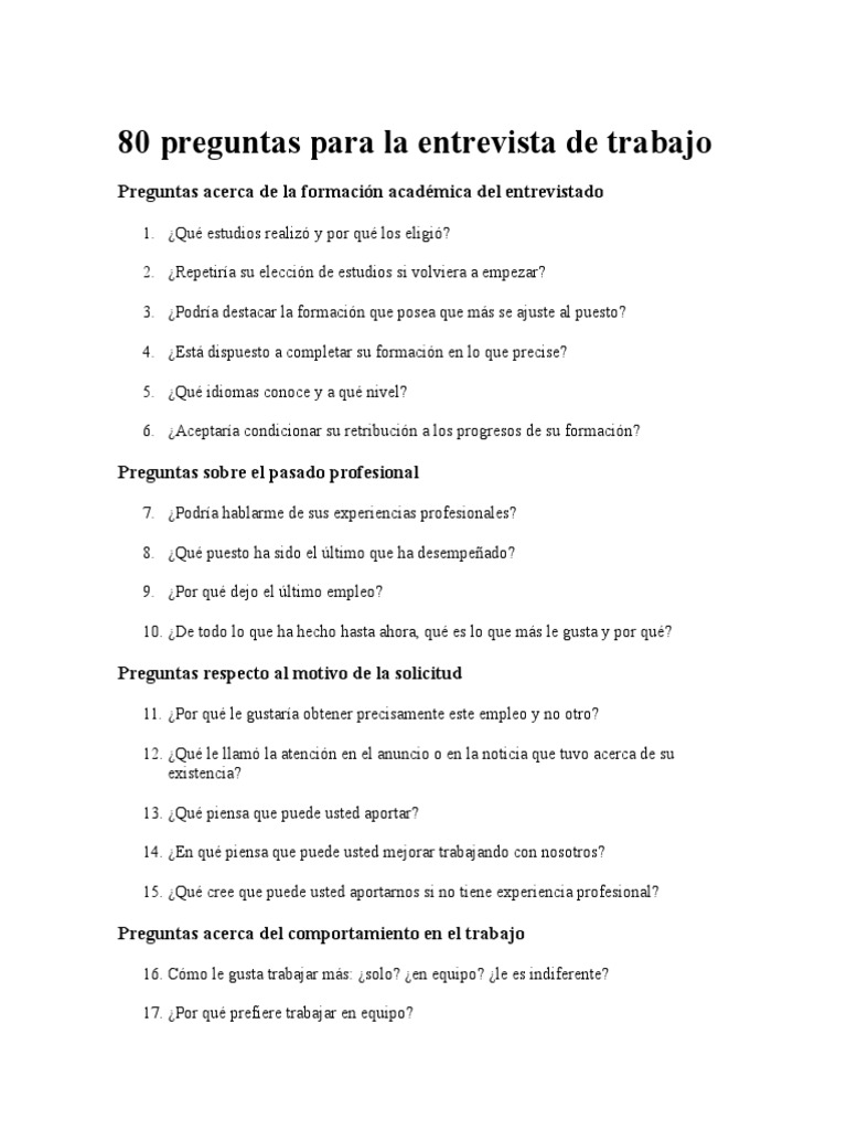 80 Preguntas para La Entrevista de Trabajo | PDF
