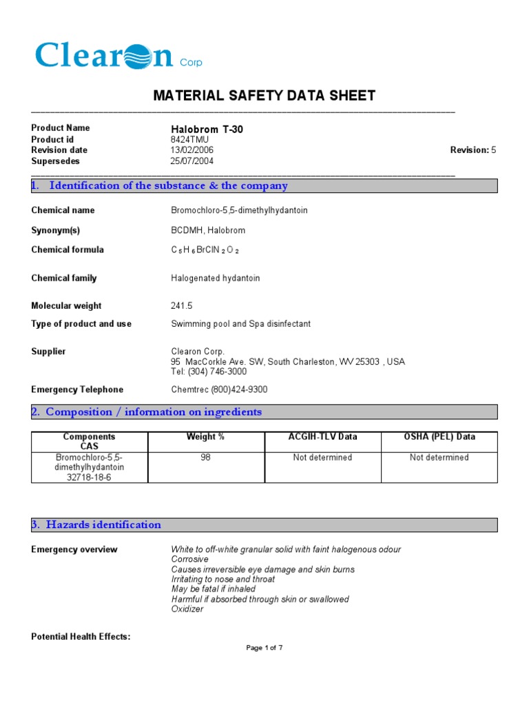 Clearon Halobrom Material Safety Data Sheet | PDF | Firefighting | Toxicity