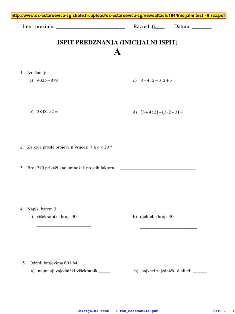 Inicijalni Test - 6 Raz_Matematika