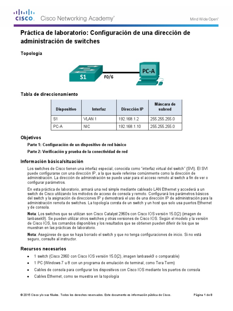 2.3.3.4 Lab - Configuring A Switch Management Address | PDF | Dirección IP | Conmutador de red