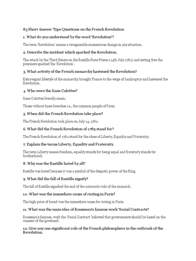 83 Short Answer Type Questions On The French Revolution | PDF | Reign ...