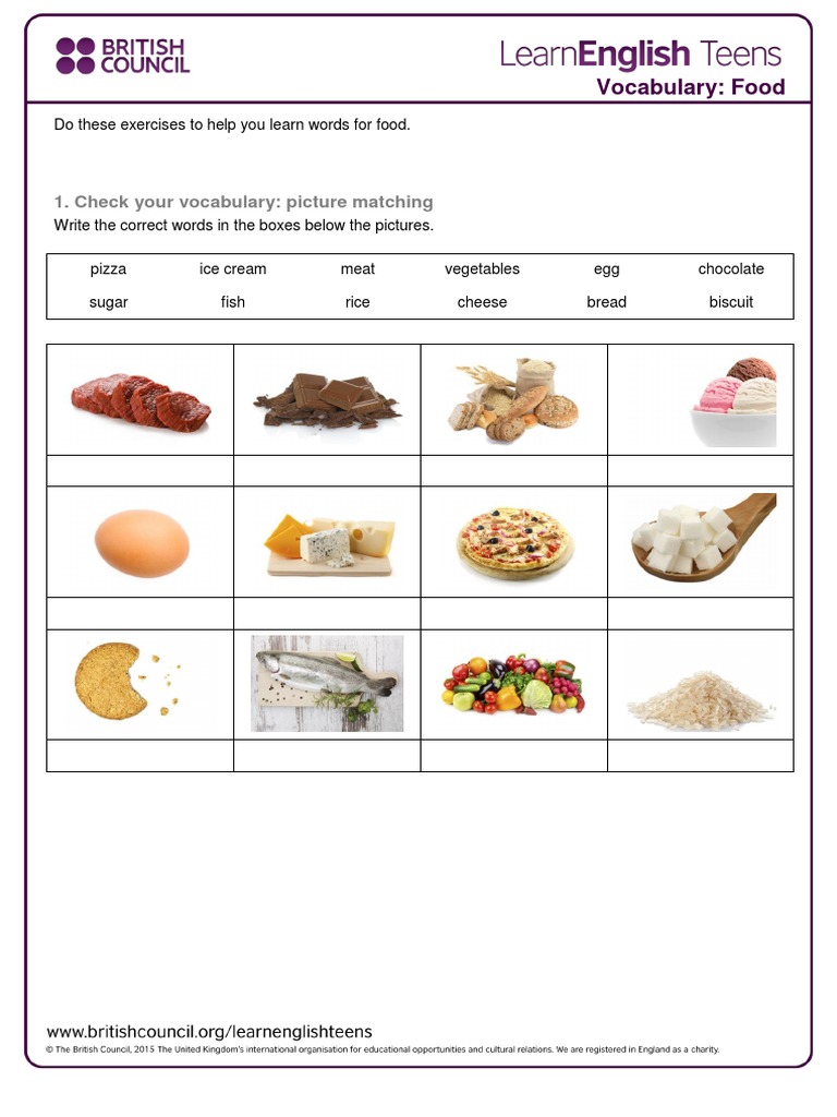 Vocabulary: Food: 1. Check Your Vocabulary: Picture Matching | PDF