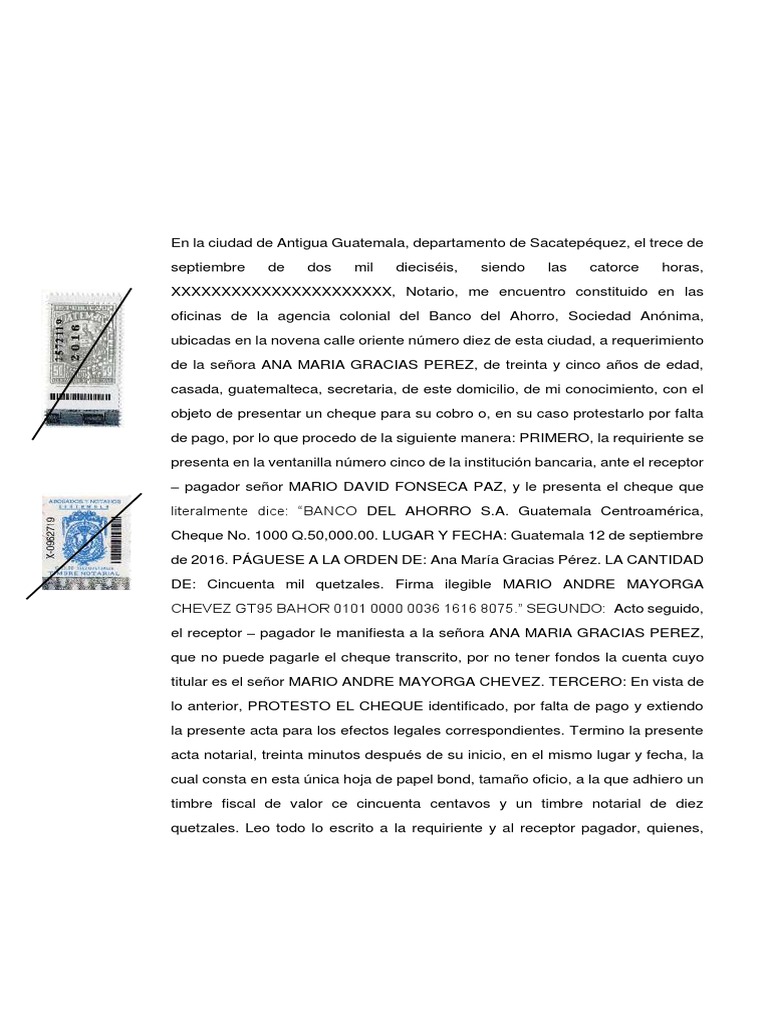 Acta Notarial de Requerimiento Protesto de Cheque | PDF | Cheque ...