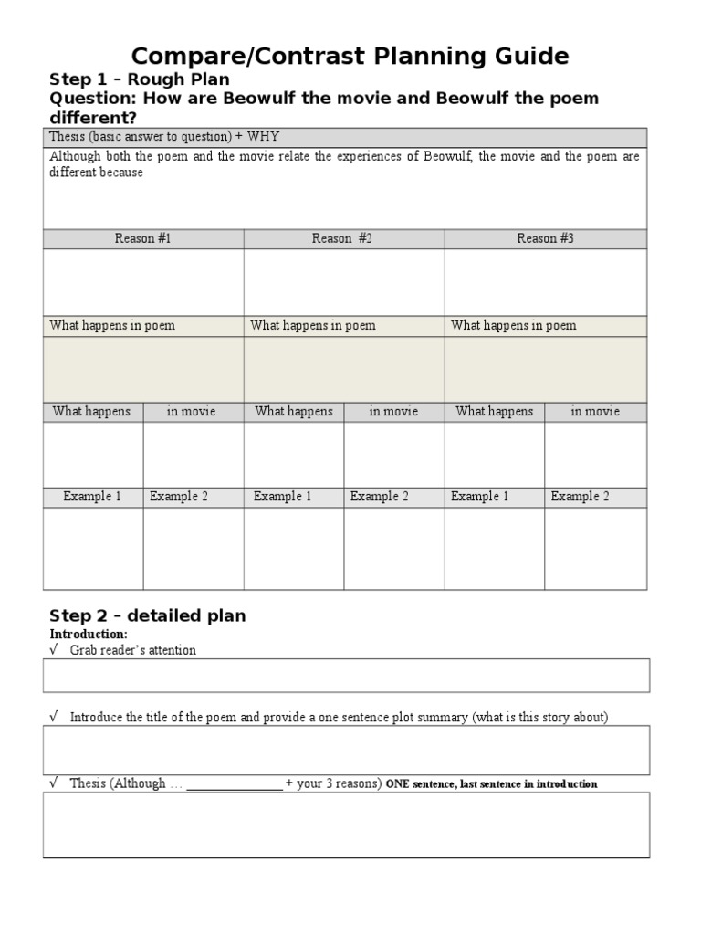 Compare Contrast Planning Guide For Use With Beowulf Poem and Movie ...