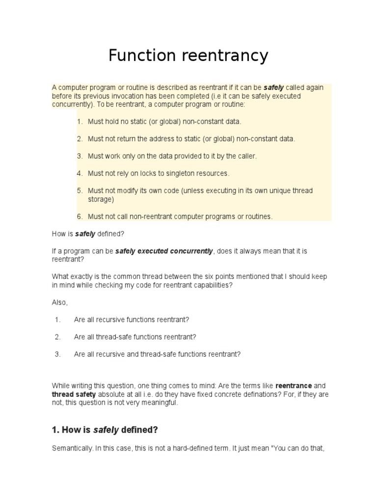 Function Reentrancy: 1. How Is Safely Defined? | PDF | Areas Of Computer Science | Computer ...