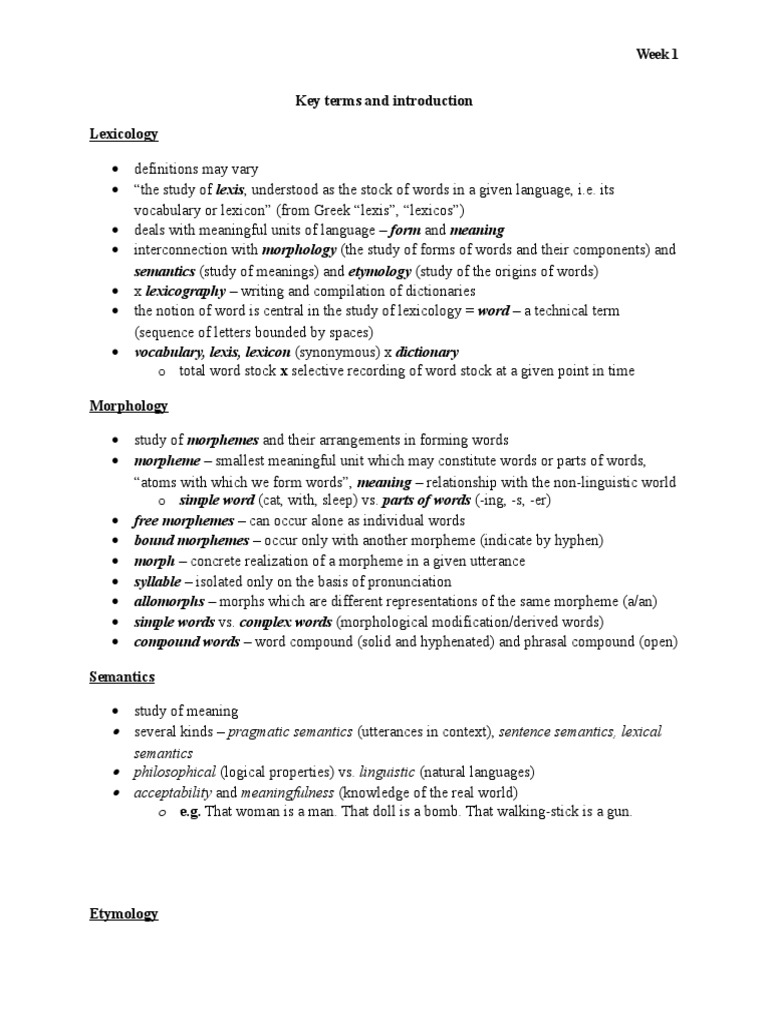 Key Terms and Introduction Lexicology: Week 1 | PDF | Lexicology | Word