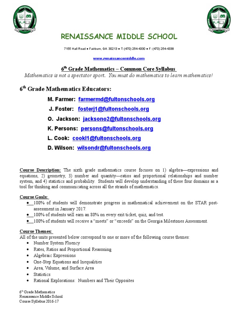 2016-2017 Syllabus 6th Grade Math | PDF | Educational Assessment | Homework