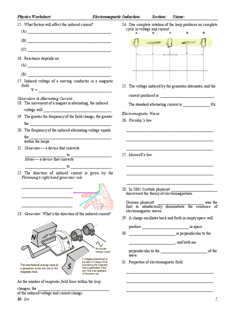 Physics Worksheet Electromagnetic Induction Section: Name | PDF