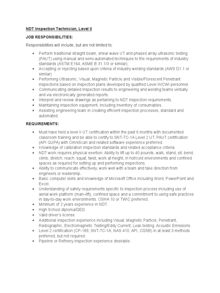 Level II NDT Inspection Technician Role | PDF | Technology & Engineering