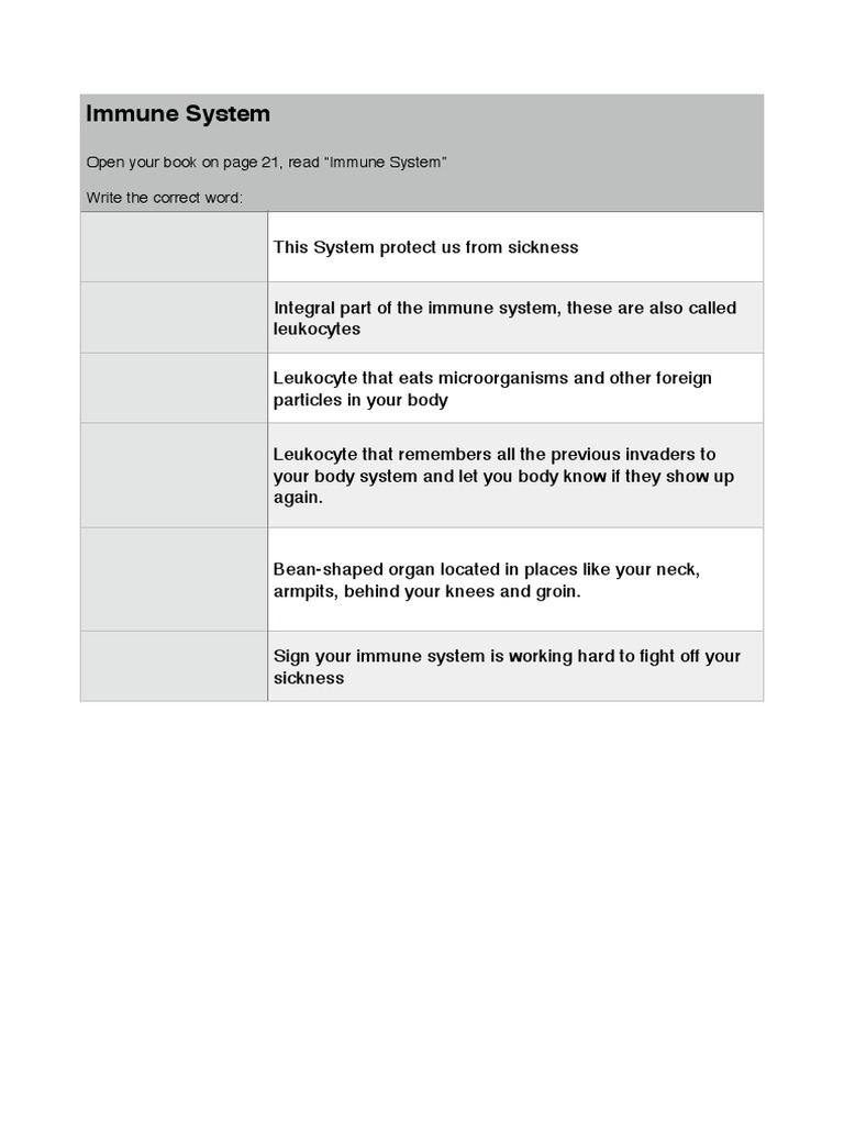 Immune System: Open Your Book On Page 21, Read "Immune System" Write ...
