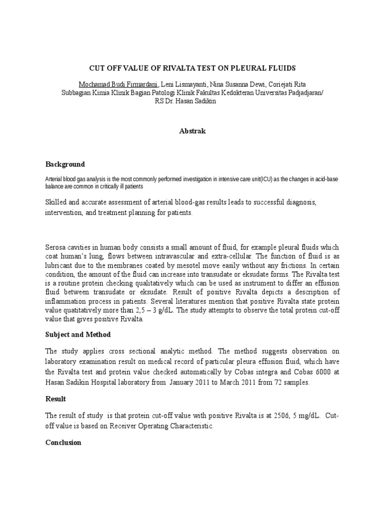 Cut Off Value of Rivalta Test On Pleural Fluids | PDF | Science ...