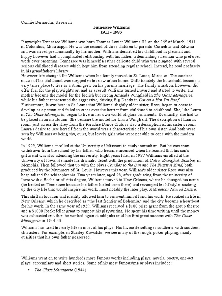 Playwright Tennessee Williams | PDF | Plays | Theatre