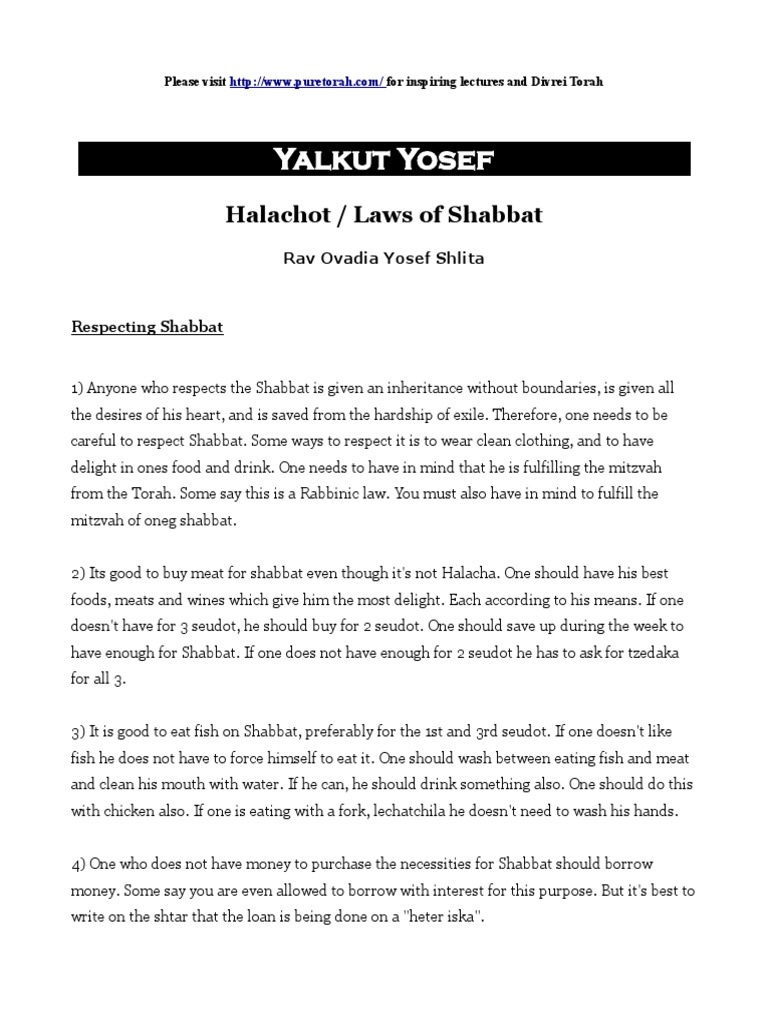 Hilchot Shabbat Yalkut Yosef 4-28-09 | PDF | Shabbat | Jewish Theology