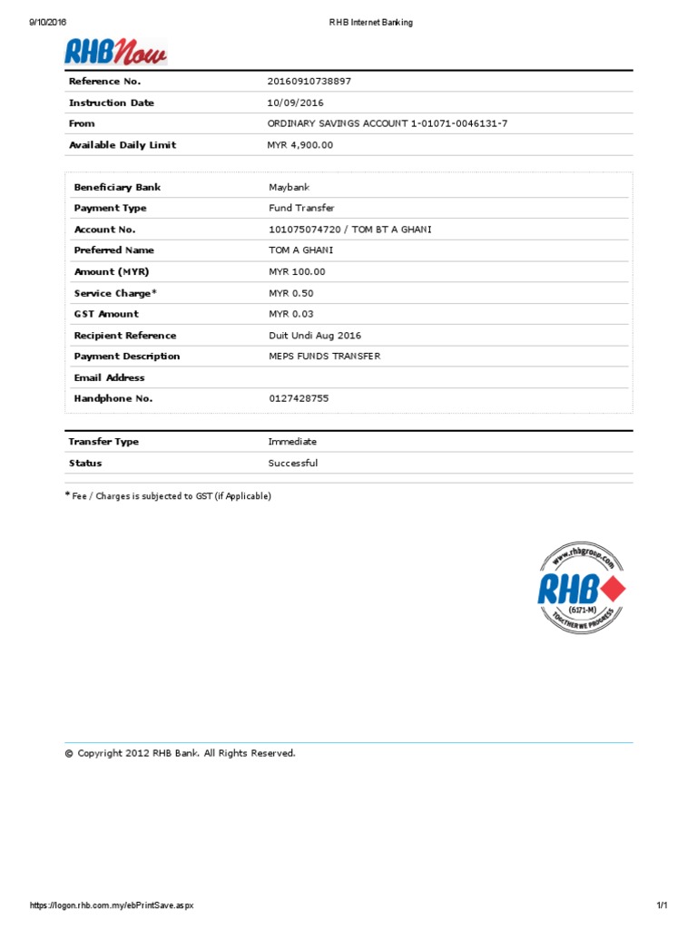 RHB Internet Banking Fund Transfer Receipt | PDF