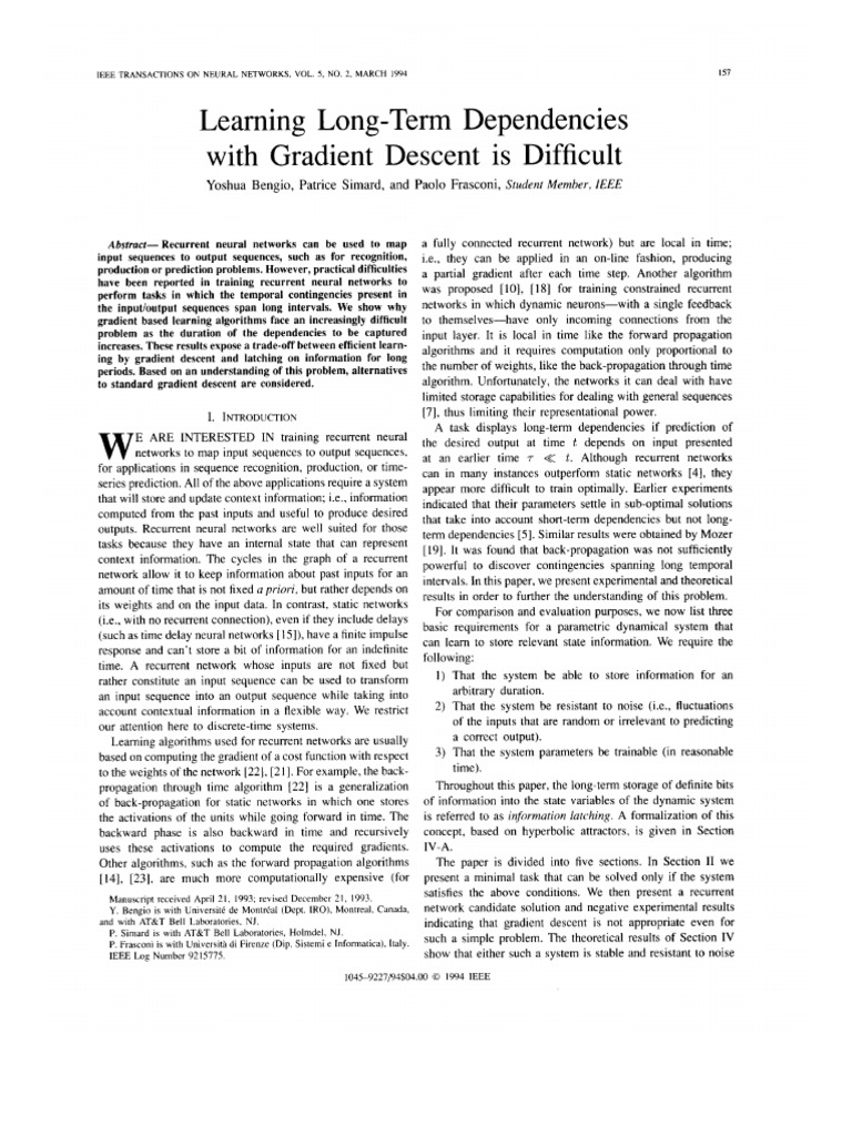 Bengio 1994 Learning Long Term Dependencies With Gradient Descent Is Difficult Pdf