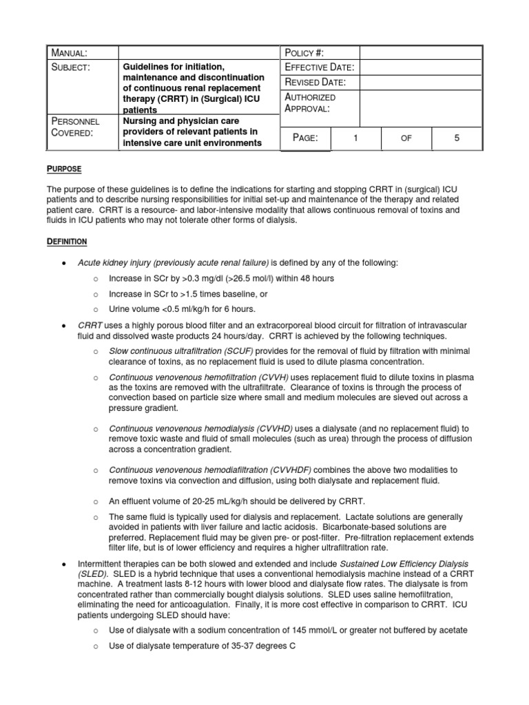 CRRT Guidelines Renal | Dialysis | Hemodialysis