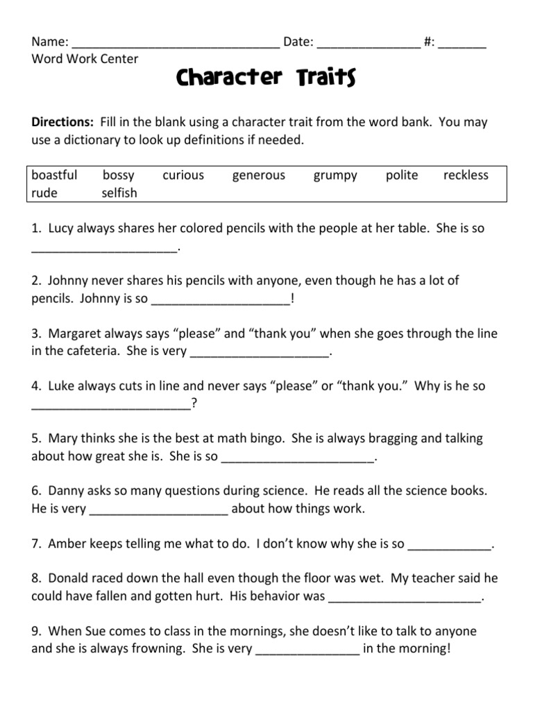 Characterization Worksheet 1st Grade