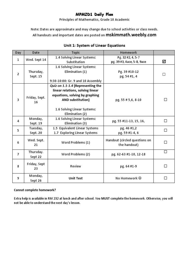 mpm2d1 Unit 1 Daily Plan | PDF