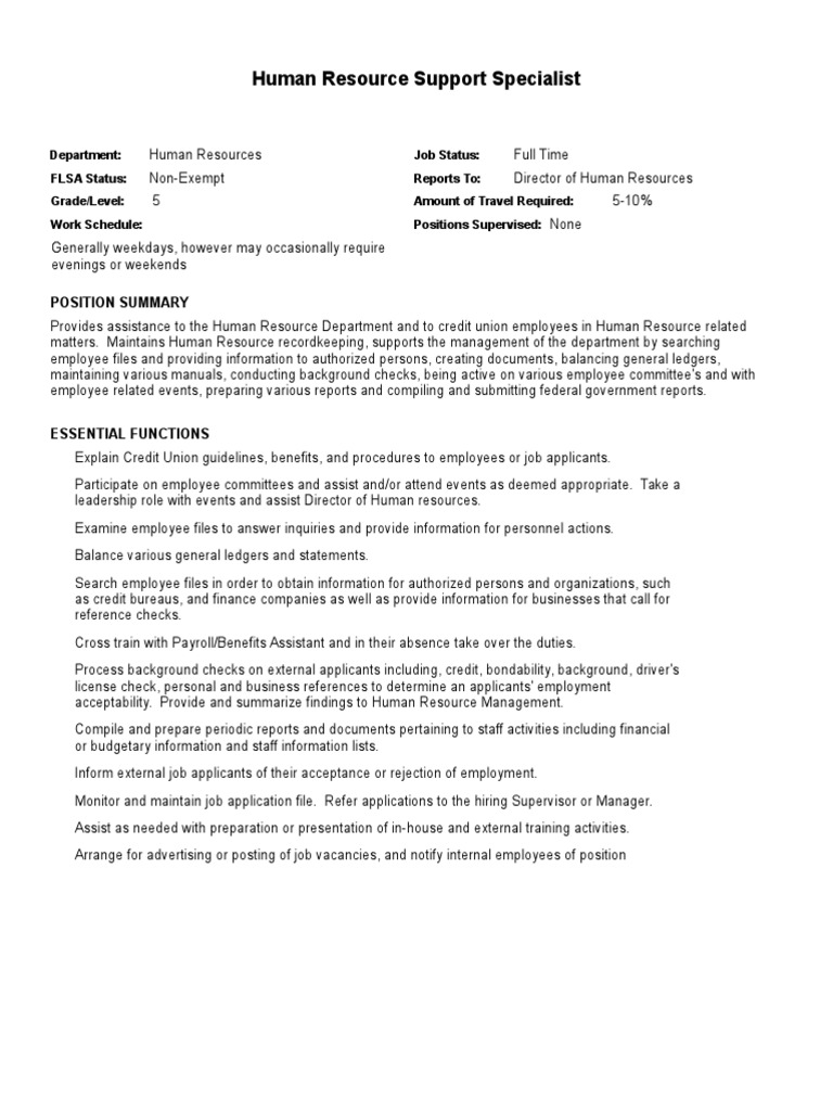 Human Resource Support Specialist Role | PDF | Employment | Labour