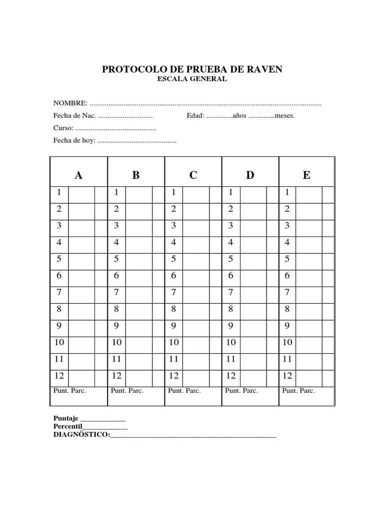 Protocolo de prueba de Raven: Hoja de registro de puntajes y diagnóstico | PDF