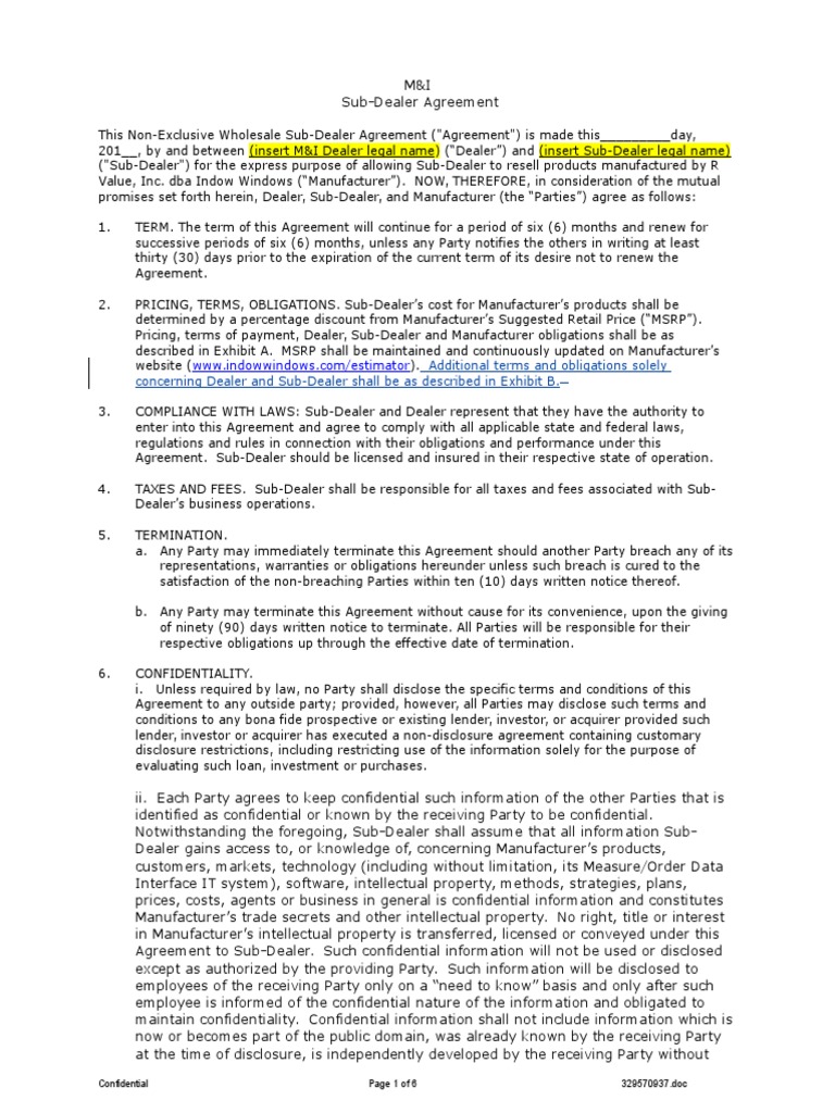 Sub-Dealer Agreement Template | PDF | Indemnity | List Price