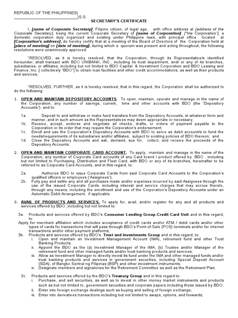 Bdo - New Sec Cert Complete With Scanned Loi | PDF | Securities (Finance) | Bdo Unibank