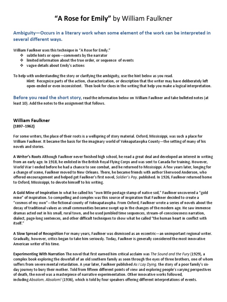 A Rose For Emily Assignment | PDF | William Faulkner | Narration