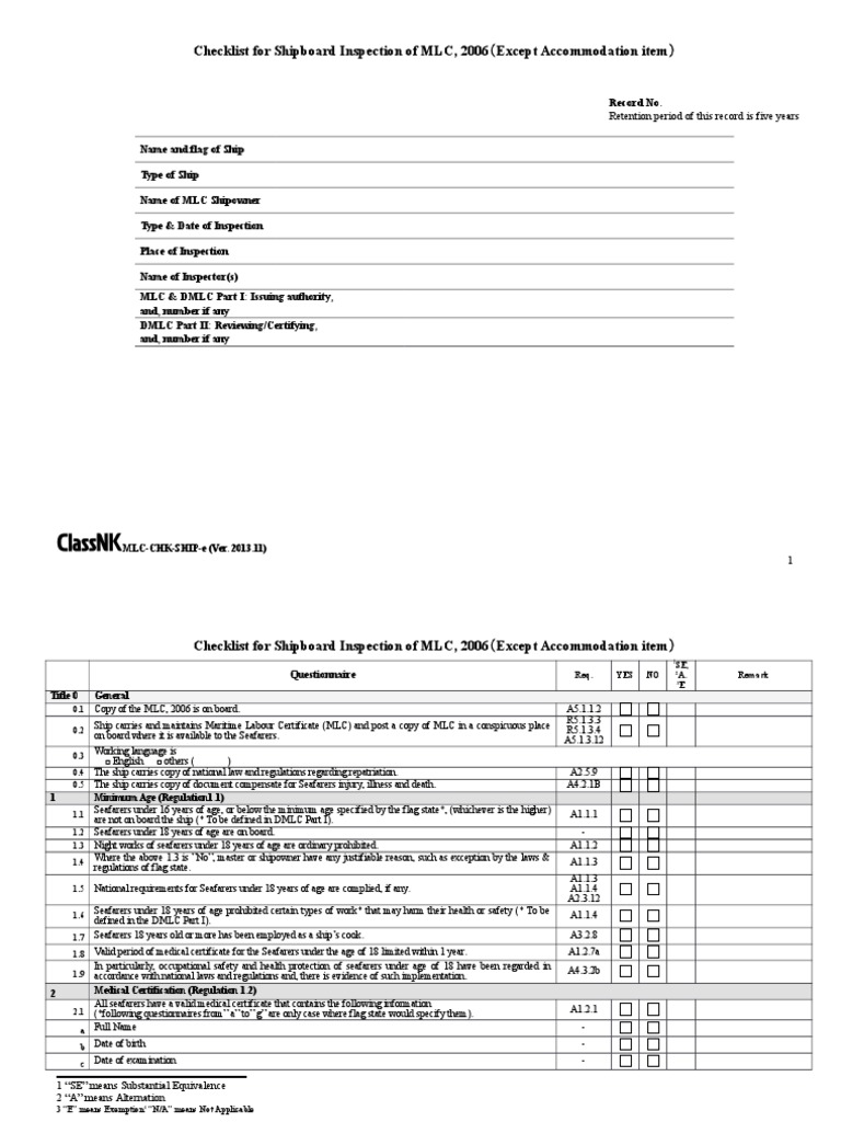 MLC Inspection Checklist | PDF | Sailor | Occupational Safety And Health