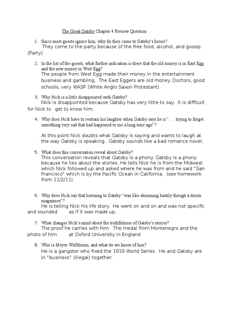Chapter 4 Review Questions for Gatsby | PDF | The Great Gatsby