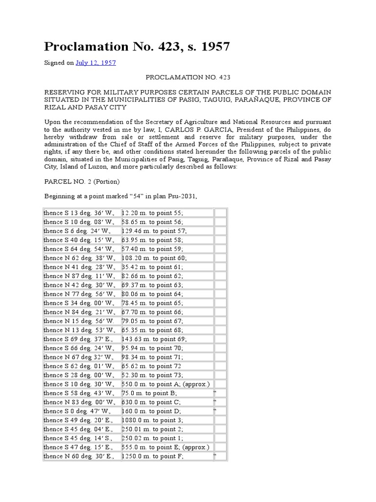 Proclamation No. 423 S. 1957 | PDF | Government