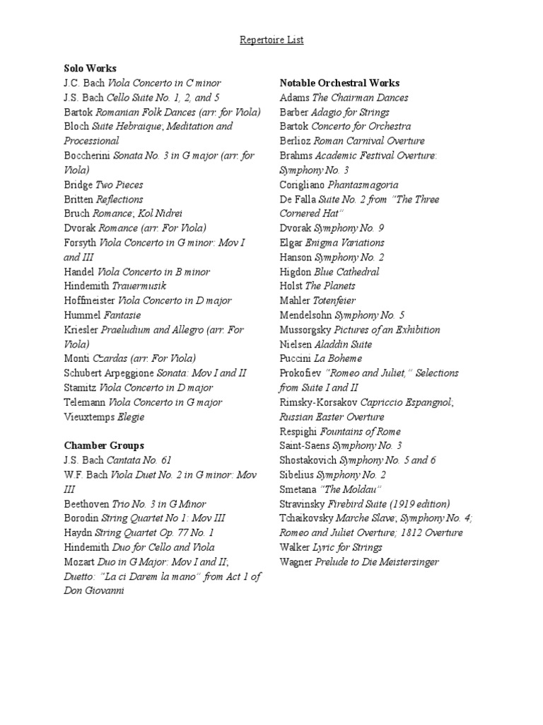 Repertoire List | PDF | Art
