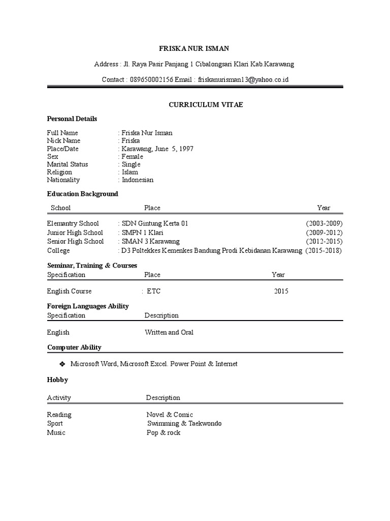 Friska Nur Isman - Midwife CV | PDF