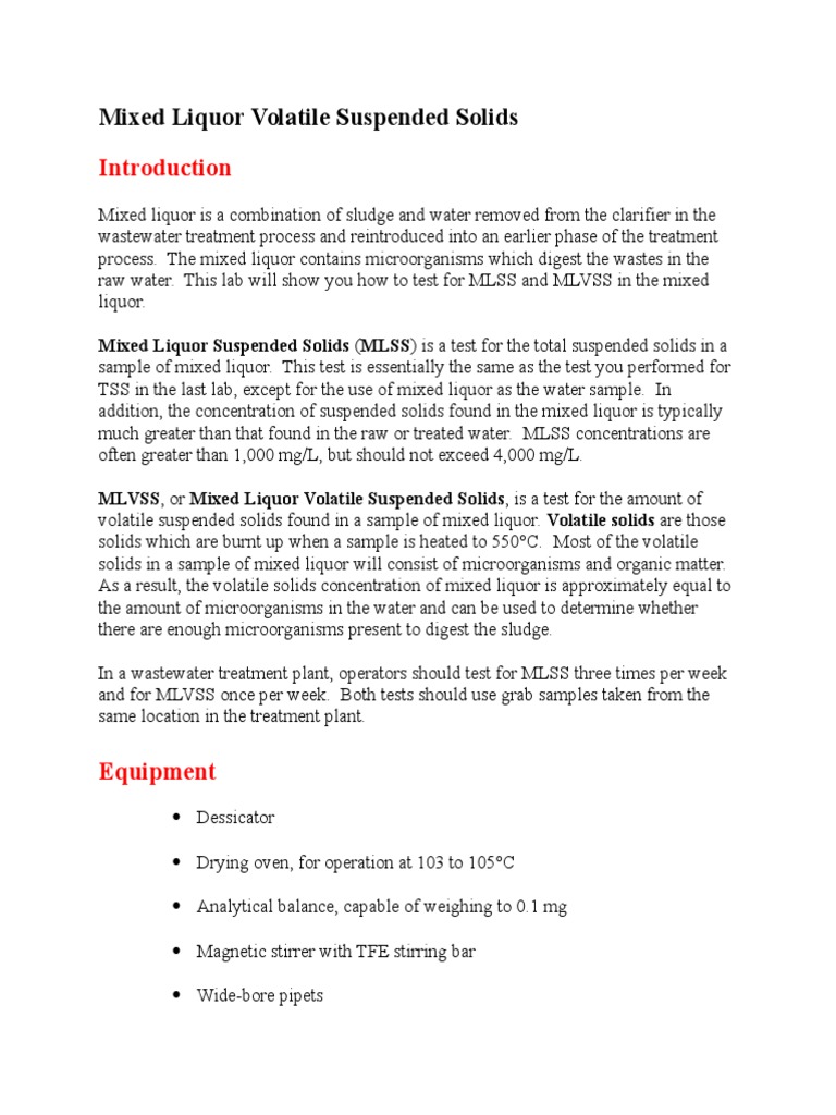 MLSS and MLVSS Testing Procedure | PDF | Environmental Engineering ...