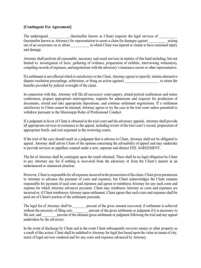 Contingent Fee Agreement Sample | Lawyer | Lawsuit