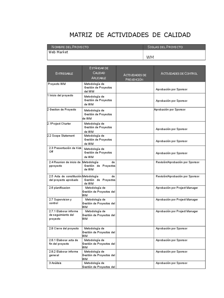 Matriz de Actividades de Calidad | PDF | Gestión de proyectos | Informática