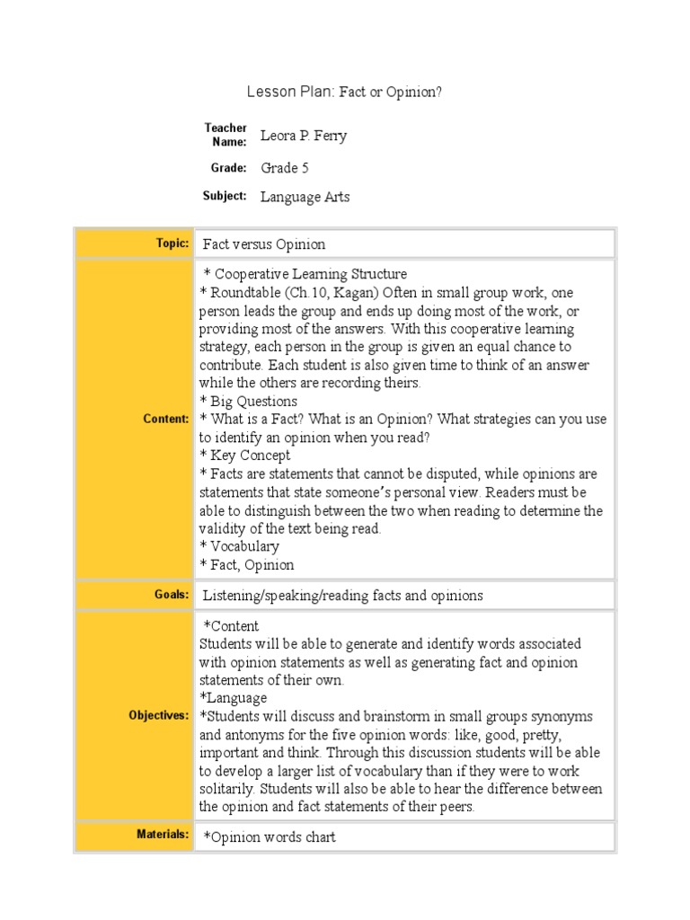 Fact or Opinion Lesson Plan | Lesson Plan | Cognition