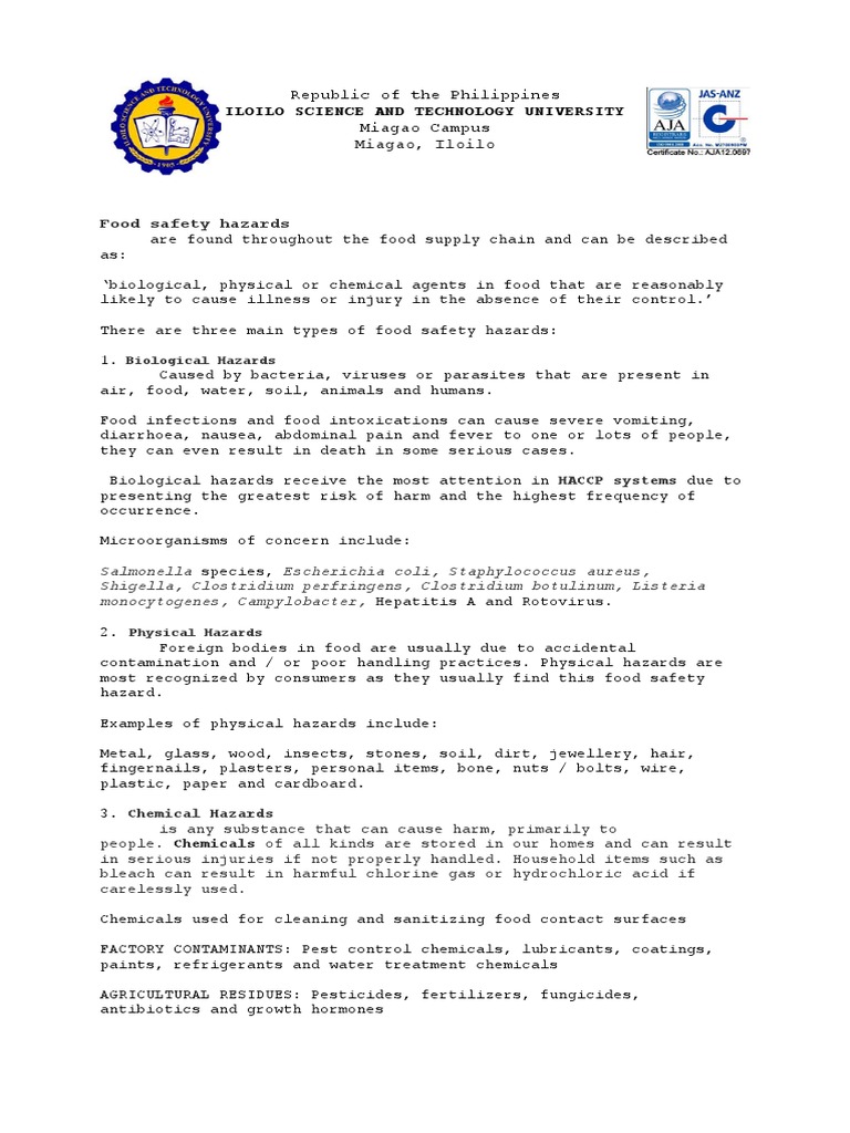 Food Safety Hazards: Republic of The Philippines Miagao Campus Miagao ...