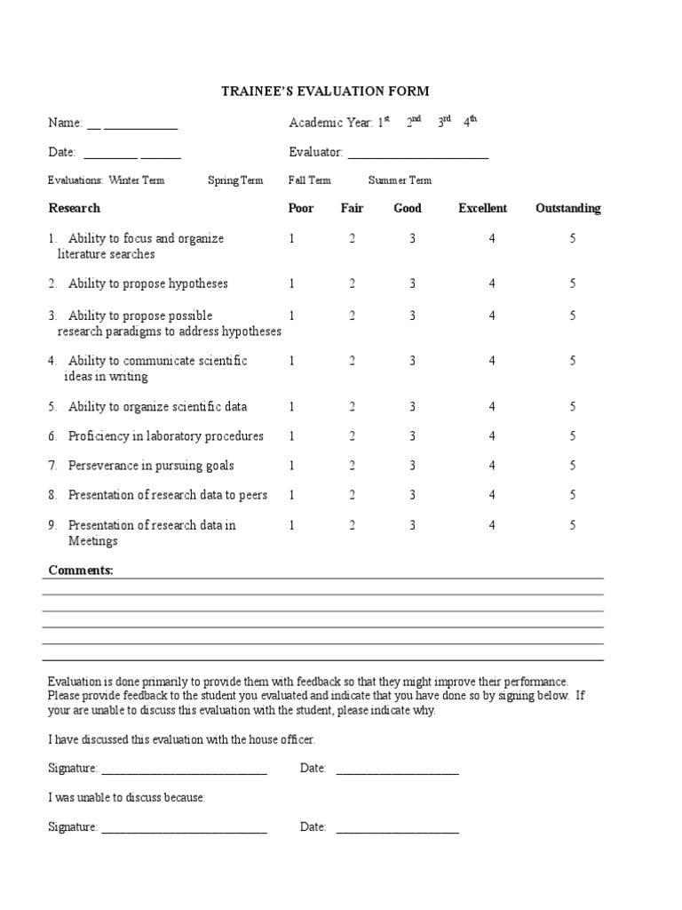 Trainee'S Evaluation Form: Evaluations: Winter Term Spring Term Fall ...