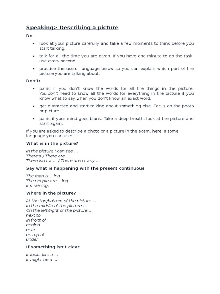 Speaking Describing A Picture | PDF