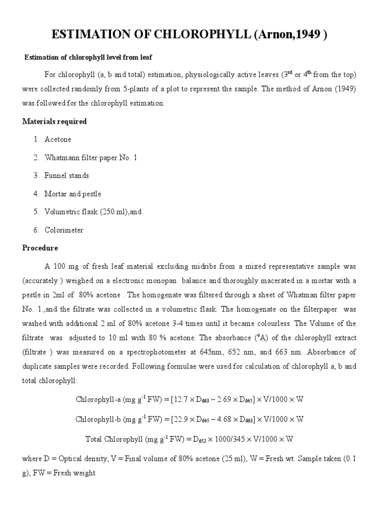 Estimating Chlorophyll Levels Using the Arnon Method | PDF