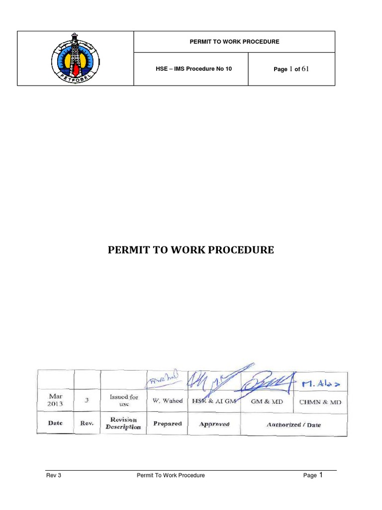 010 - Permit To Work Procedure Feb 2013 | Download Free PDF | Drilling ...