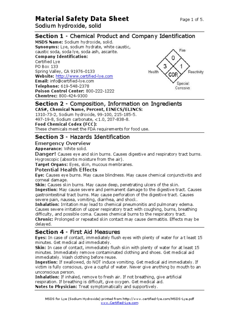 MSDS Lye | PDF | Sodium Hydroxide | Safety