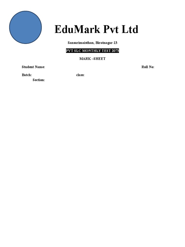 EDUMARK PVT LTD SLC MONTHLY TEST MARKSHEET | PDF