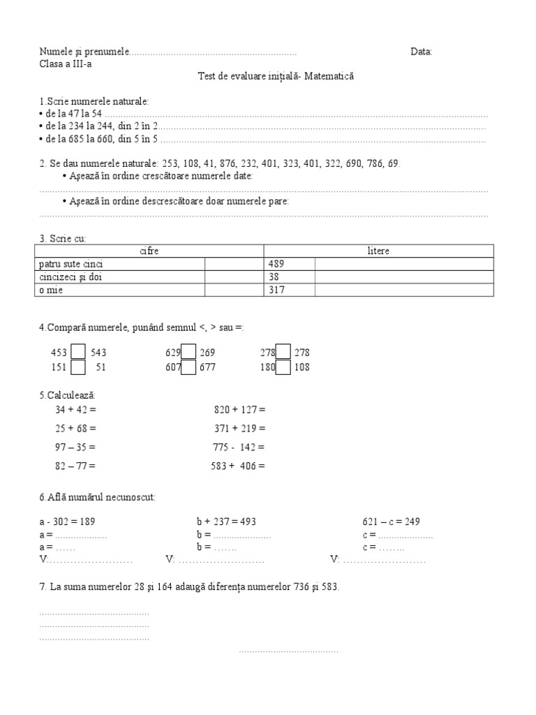 Test de Evaluare Initiala Clasa A III A Matematica | PDF