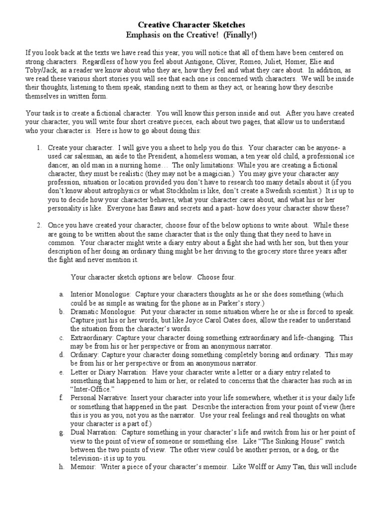 Creative Character Sketch Assignment | PDF | Narration