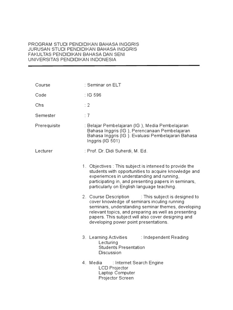 SEMINAR ON ELT Syllabus | PDF | Concept | Lecture